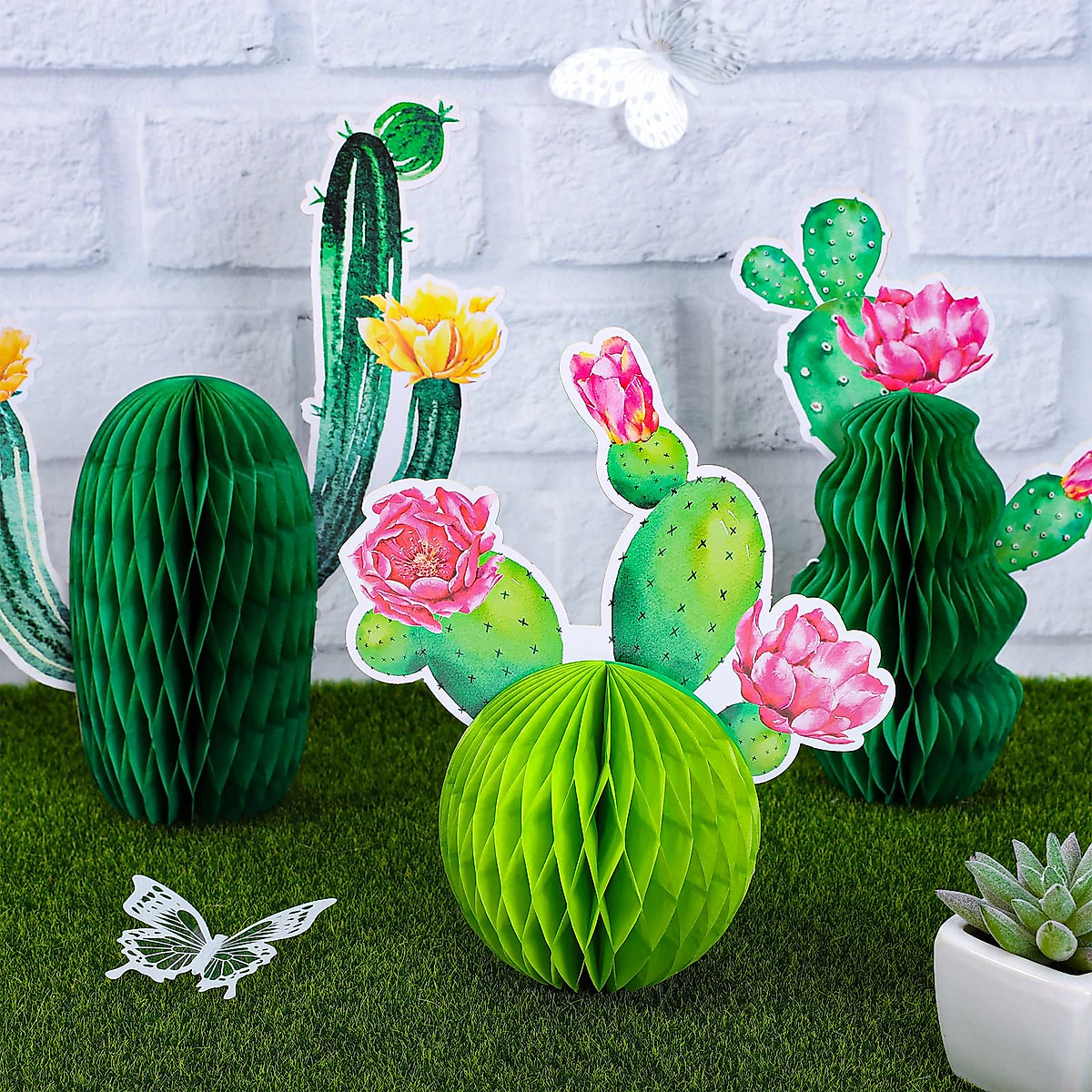 Whaline 6Pcs Cactus Honeycomb Centerpieces Succulent Plants Paper Table Topper Greenery Bloom Theme Summer Party Table Decoration for Birthday Hawaiian Luau Baby Shower Photography, 3 Design