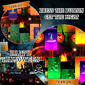 Meanplan 48 Pcs Halloween Luminary Bags with LED Light Candles Set 24 Pcs Luminary Candle Bags 24 Pcs LED Tealight Candles Ghost Lantern Bags for Halloween Outdoor Indoor Patio Decorations (Novel)