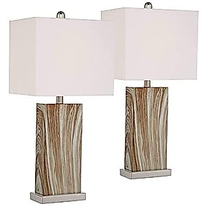 360 Lighting Connie Modern Table Lamps 25" High Set of 2 with USB Charging Port Brown Marble Brushed Nickel White Fabric Rectangular Living Room Desk Bedroom House Bedside Nightstand Home