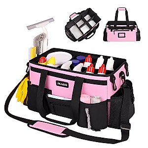 JKAOO Large Wearable Cleaning Caddy Bags,Cleaning Supplies Storage Bag with Handles and Adjustable Shoulder Strap and Removable Waist Straps,Waterproof Cleaning Bags for Home,Car,Office (Pink)