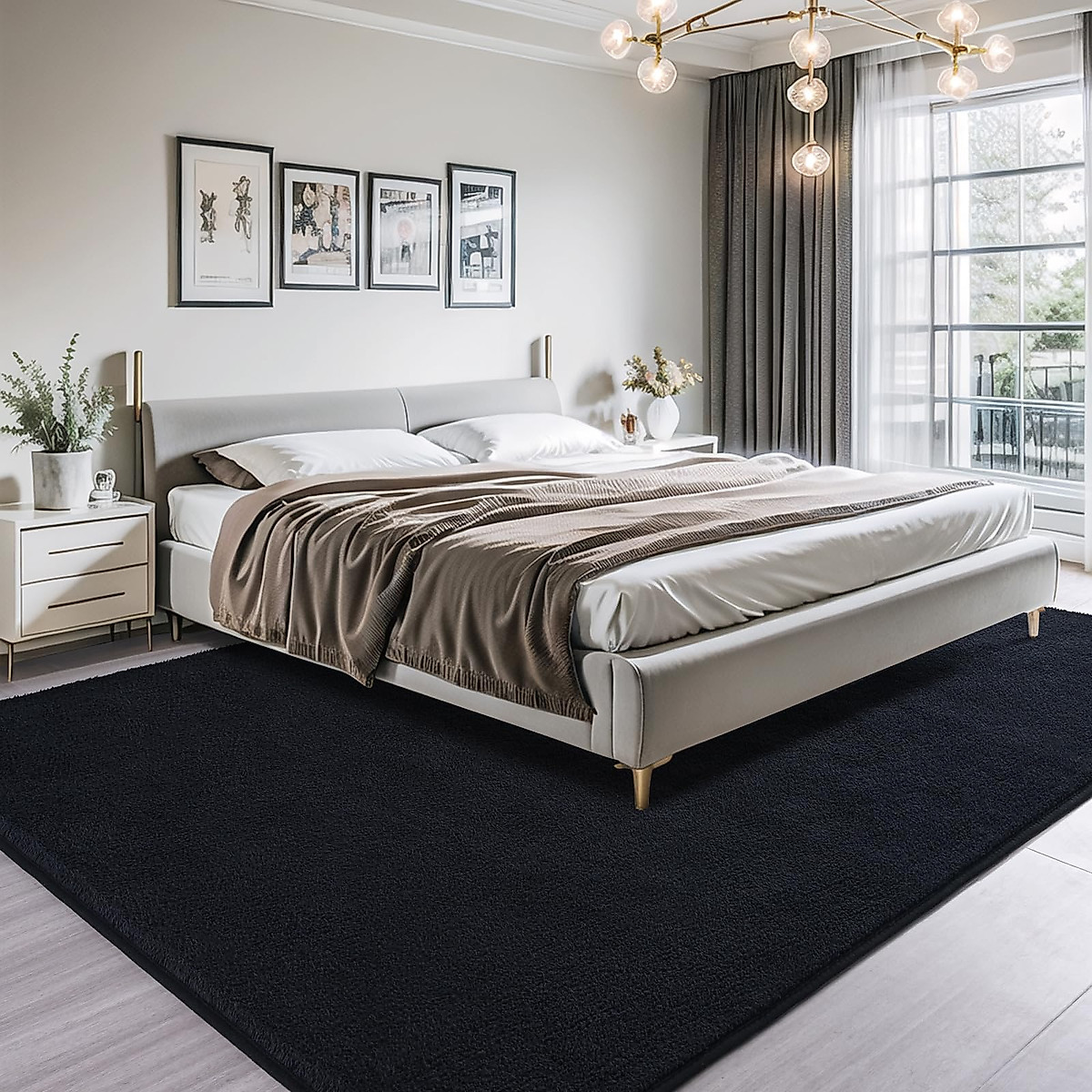 AROGAN Modern Shag Area Rug for Bedroom, 4x6 Feet Washable Rugs for Living Room, Indoor Floor Carpet Rugs, Plush Memory Foam Bedside Rugs for Kids Girls Teens Room Low Pile Rug Decor, Black