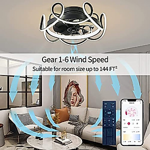 XuanDe Ceiling Fans with Lights and Remote Modern 18" Ceiling Fans Bladeless, Quiet Motor Stepless Dimmable 6 Wind Speeds Geometric, Low Profile Flush Mount Ceiling Fan for Bedroom Living Room