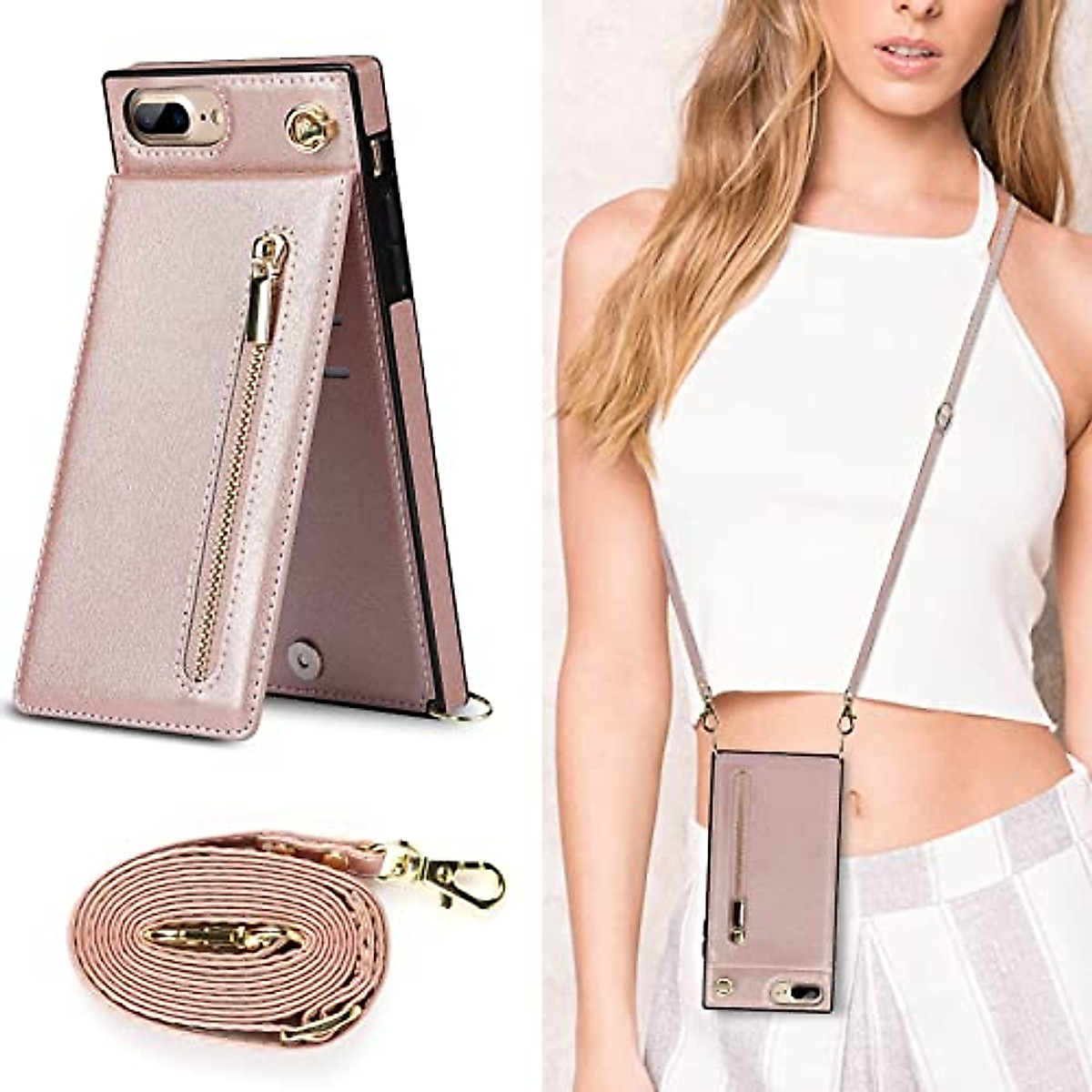 Jaorty Crossbody Phone Case for iPhone 8 Plus/7 Plus Case with Card Holder for Women,iPhone 7 Plus Case Wallet with Strap Lanyard for Men,PU Leather Magnetic Clasp with Kickstand 5.5", Rosegold