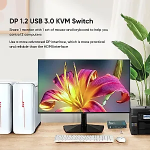 Steetek 2 Port DP USB 3.0 KVM Switch 4K@60Hz, KVM Switch Displayport 2 in 1 Out, KVM Switch for 2 Computer Share 1 Monitor and USB 3.0 Hub, Button Switch, with 2 DP and 2 USB 3.0 Cable