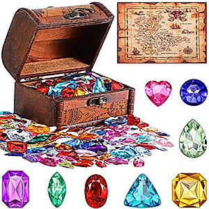 Civaner 101 Pieces Pirate Wooden Treasure Chest Toy Box Antique Color with 100 Pieces Gems for Party Favors Props Decoration Kids Storage Treasure Chest Cosplay Party