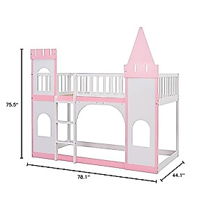 Merax Twin Size Loft Bed Low Bunk Bed, Castle Shaped Wood Bed Frames with Safety Guardrails for Boys or Girls, Pink