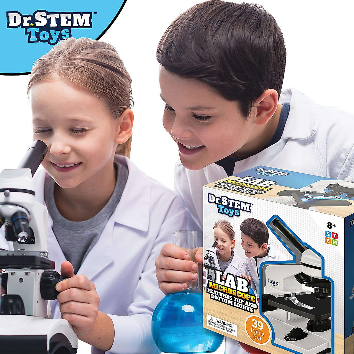 Dr. STEM Toys 39 Piece Microscope Kit for Kids with Top and Bottom Lights, Specimen Slides, 40X, 100X, and 400X Adjustable Lenses - for Kids and Schools (Ages 8+), White