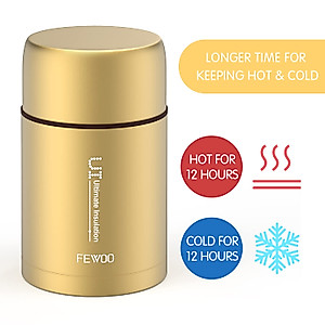 FEWOO Food Jar - 27oz Vacuum Insulated Stainless Steel Lunch Thermos, Leak Proof Soup Containers with bag for Hot or Cold Food (Champaign Golden)