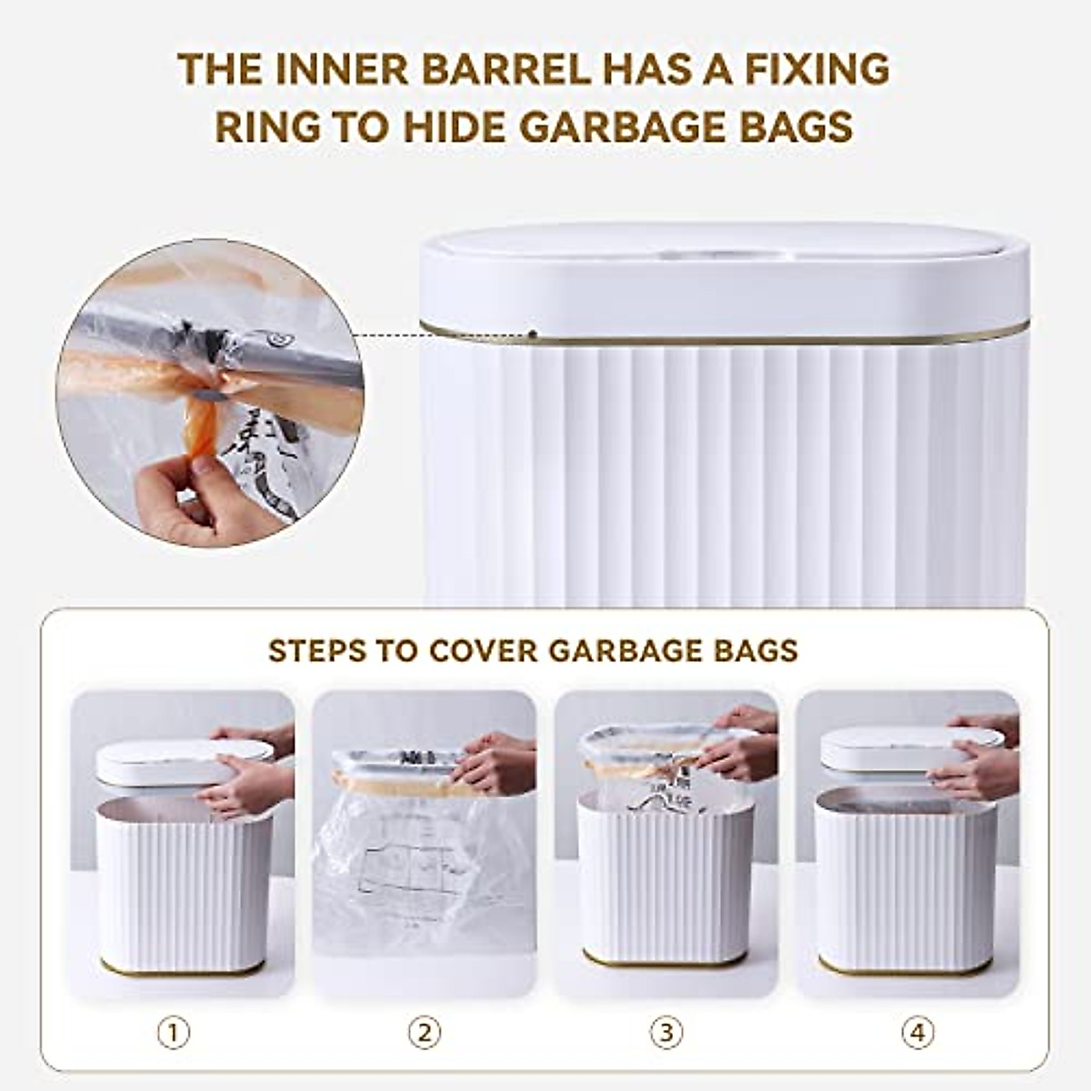 Motion Sensor Trash Can - ELPHECO 2.5 Gallon Waterproof Motion Sensor Trash Can, Bathroom Trash Can, Garbage Bin for Kitchen and Office Use, White with Golden Trim