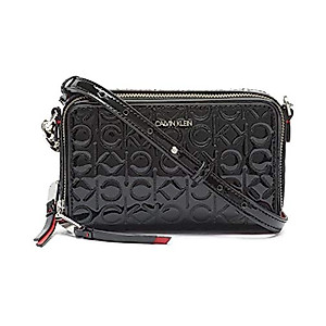 Calvin Klein Women's Marybelle Saffiano Double Zip Organizational Crossbody Bag, Black/Silver Patent Emboss, One Size