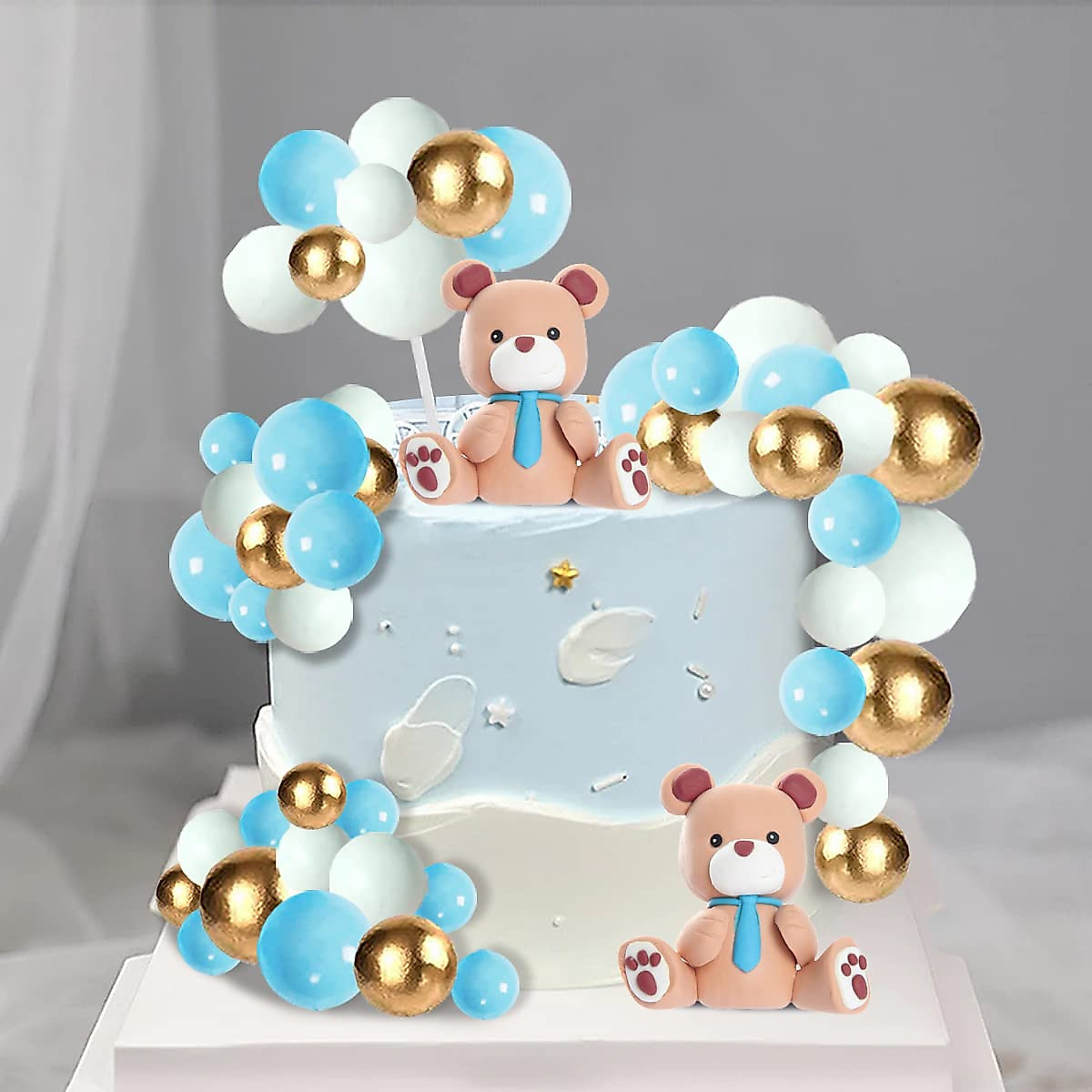 Bear Cake Toppers With Blue Gold White Cake Topper Mini Balloons, For Baby Shower Gender Reveal Party Birthday Party Bear Theme Party Supplies (Blue)