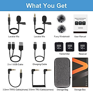 VeGue Wireless Lavalier Microphone System, 2.4GHz Dual Channel Wireless Lapel Mic with Noise Cancellation for DSLR Cameras, Camcorders and Phones, Lavalier Mic for TikTok, Interview and Recording