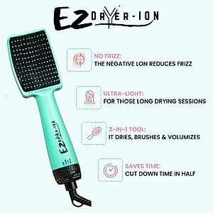 Ez Detangler Dryer- Ez Dryer ION. Professional Ionic Blowout Hair Dryer Brush. Portable Super Lightweight Blow Dryer to Detangle, Dry, Volumize and Style. (Aqua)