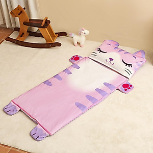 Rabtero Children Sleeping Bag, Toddlers Kids Nap Mat, Cartoon Cat Sleeping Mat for Daycare Preschool Kindergarten, Girls Boys Slumber Bag, Pillow, Blanket 3 in 1
