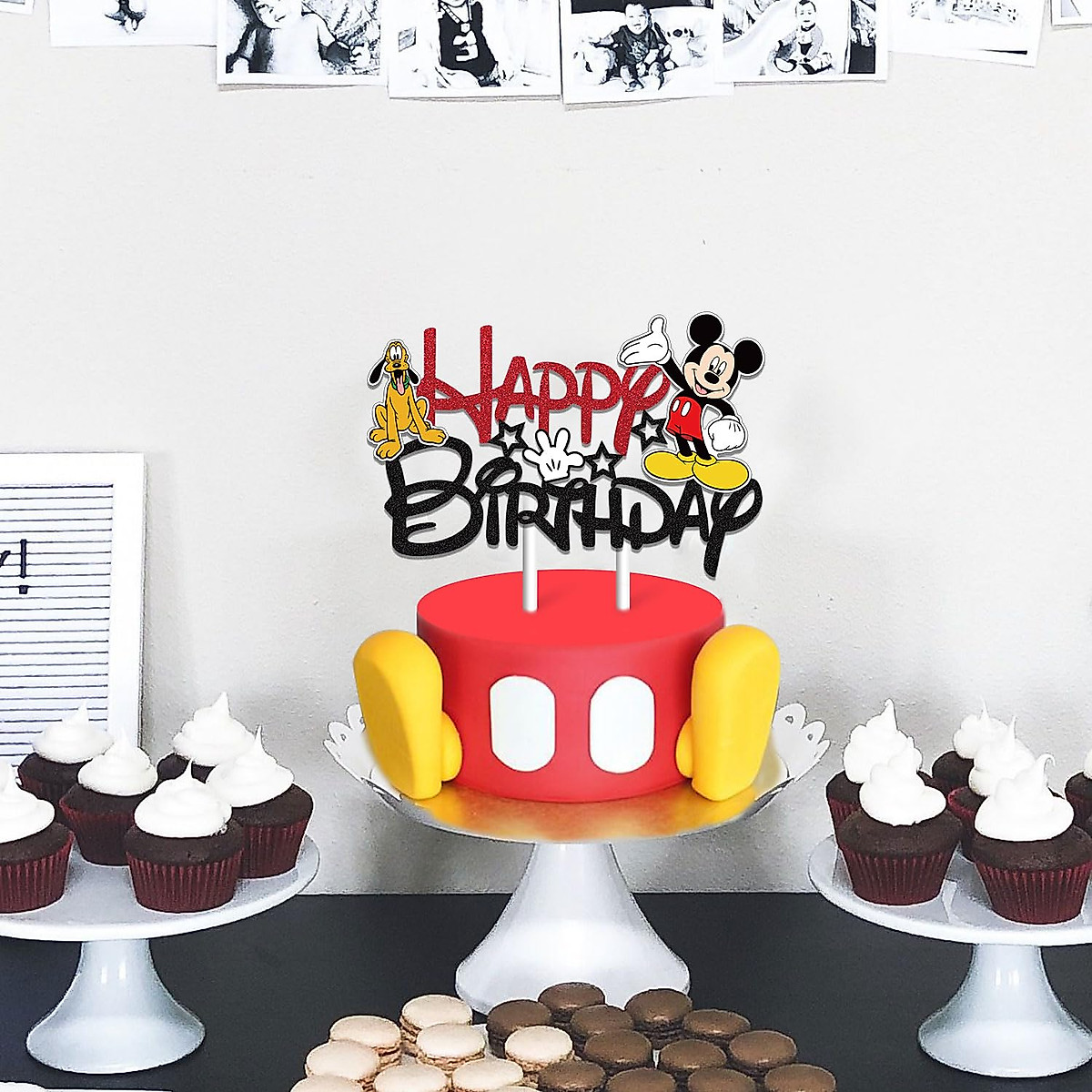 EnlSinr Mouse Cake Topper, Mouse Birthday Party Decorations Mouse Birthday Party Supplies with Dog Star and White Gloves for Kids Boys Birthday Party Decorations Supplies(Double-sided)