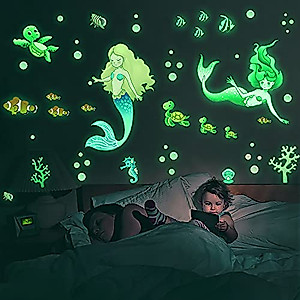 MESU Glow in The Dark Mermaid Wall Decals Sea Turtle Luminous Sticker Seahorse Ceiling Decor for Girls Room Nursery Mermaid