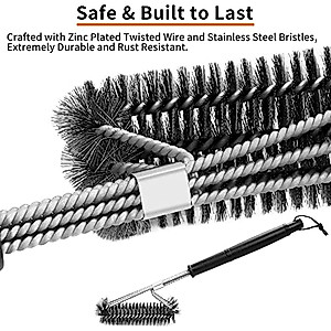 NEXCOVER BBQ Grill Brush – 18” Barbecue Cleaning Brush, Stainless Steel Grill Grate Cleaner, Safe Wire Scrubber, 3 in 1 Bristles BBQ Brush, Triple-Headed BBQ Tools, Grill Accessories for Grill Grates
