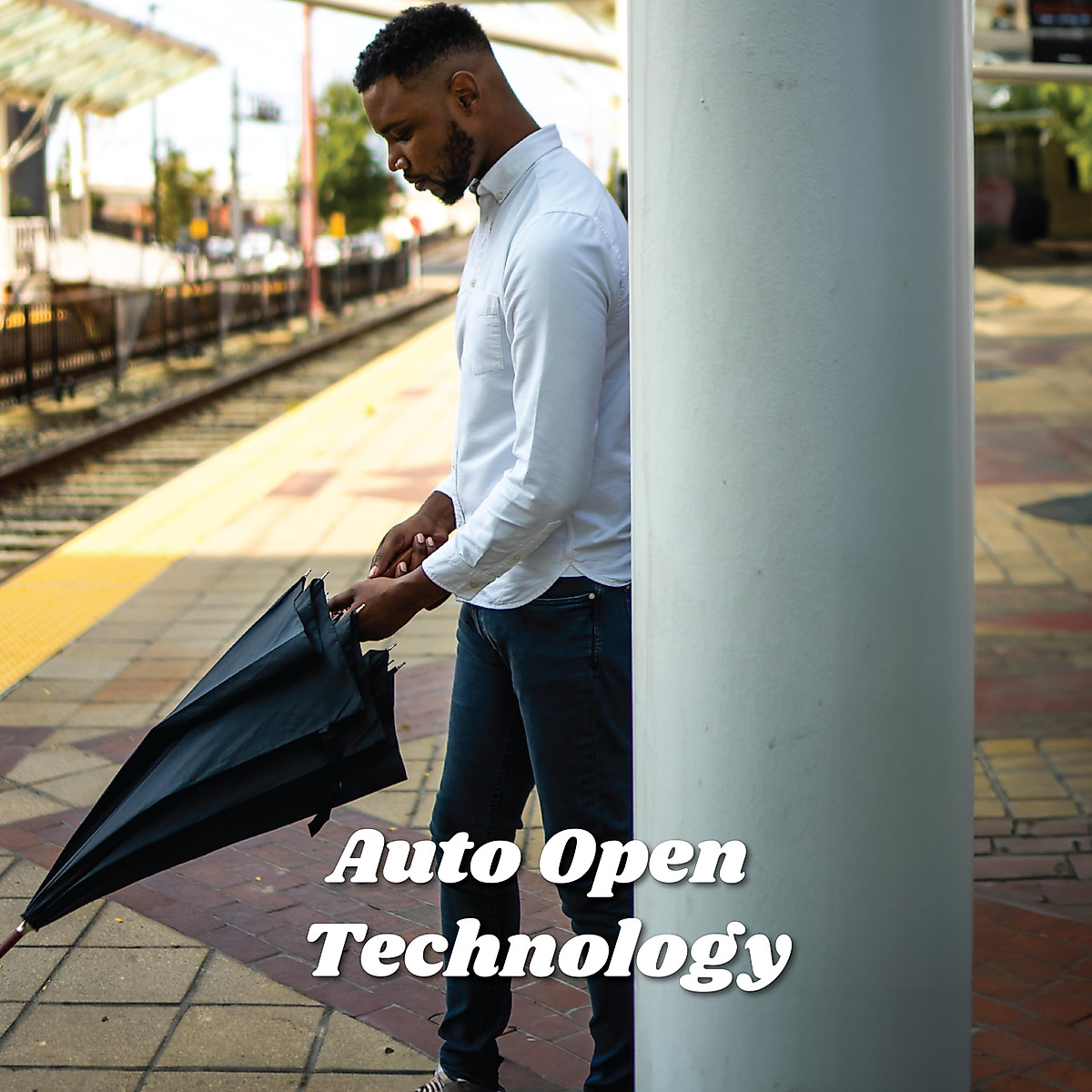 totes Auto Open Wooden Stick Umbrella, Beige/British Tan, One Size