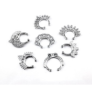 Honbay 7pcs Mix Style Silver Fake Septum Clicker Nose Ring Non Piercing Hanger Clip Body Jewelry