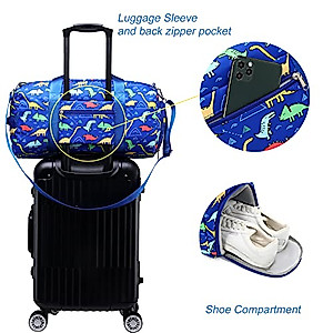 CAMTOP Kids Duffel Overnight Bag Boys Girls Weekender Carry-On Personalized Tote for Travel Gym Sport (Dinosaur-Dark Blue)