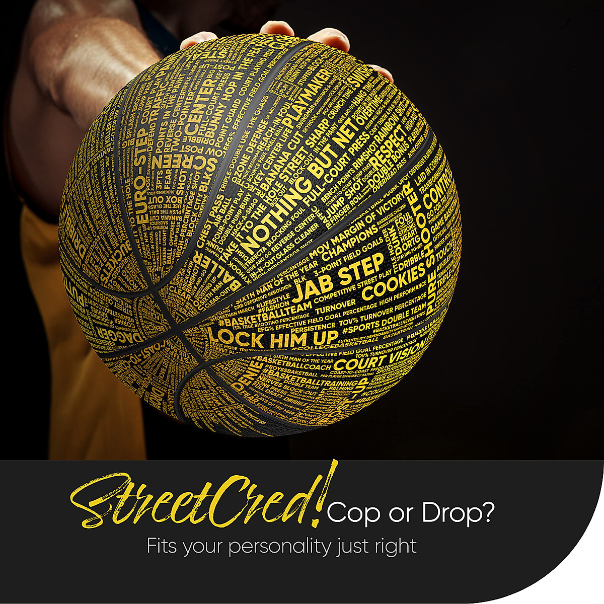 Millenti StreetCred-Lingo Series Indoor/Outdoor Basketballs Size 7-29.5 Premium Rubber Perfect Grip, with Chick Hearn Classic One Liner Basketball Adjectives, Army Green, BB0407RWB