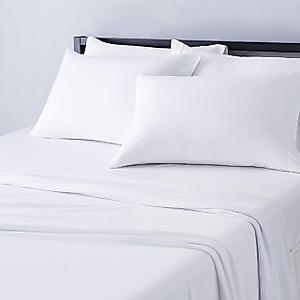 Amazon Basics 4 Piece Bed Sheet Set, 100% Cotton Jersey, Includes Super Soft, Flat and Fitted Sheets, Pillowcase, Full, White, Solid