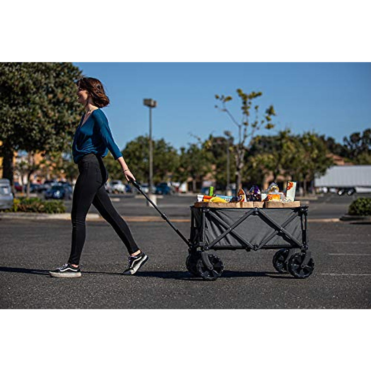 ONIVA - a Picnic Time brand Adventure Wagon Elite All-Terrain Folding Beach Wagon with Big Wheels plus Table Top Lid & Soft Cooler Liner, (Dark Gray)