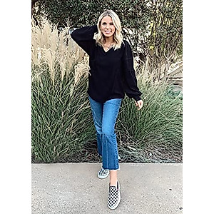 BTFBM Women Casual V Neck Ribbed Knitted Shirts Tunic Tops Loose Balloon Sleeve Solid Pullover Blouses Top with Pocket(Solid Black, Large)