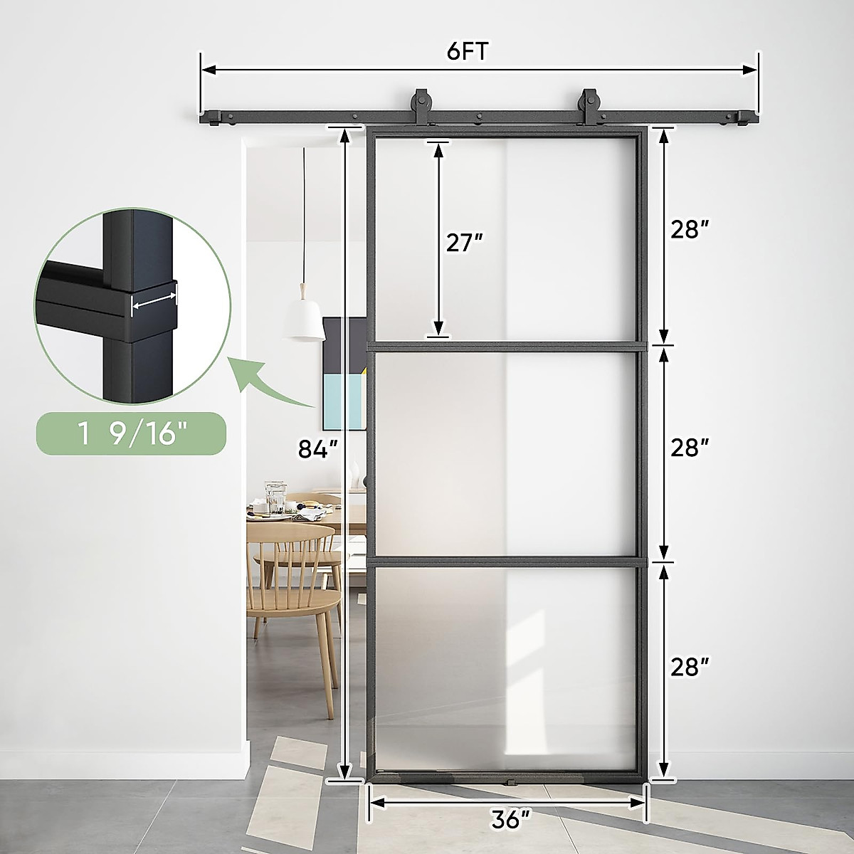 BARNSMITH 36in x 84in Frosted Glass Barn Door with 6FT Top Mounted Hardware kit Include Soft Close Mechanism Black Carbon Steel Tempered Frosted Glass Sliding Door, Assemble Required Easy Installation