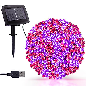 Hopolon Solar Halloween String Lights Outdoor Waterproof,72ft 200LED Purple Red Solar String Lights with USB for Christmas, Halloween, Garden, Christmas Tree, Outdoors Patio Garden Party(Purple Red)