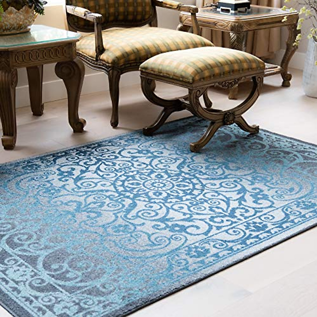 Maples Rugs Pelham Vintage Area Rugs for Living Room & Bedroom [Made in USA], 7 x 10, Charcoal/Radiant Blue