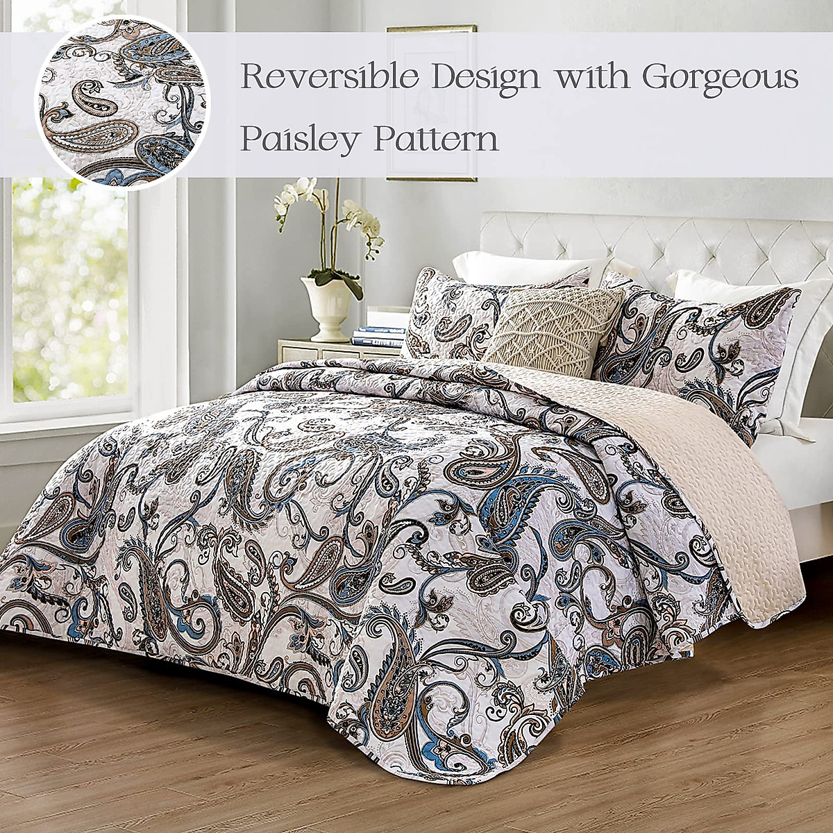 Whale Flotilla Reversible Paisley Quilts King Size, Lightweight Boho Printed Bedspreads Coverlets Quilt Bedding Set with 2 Pillow Shams for All Seasons, Bone/Grey