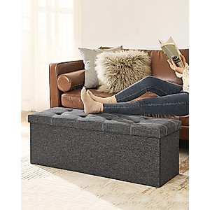 SONGMICS Ottoman Storage Bench, 35 Gal. Folding Chest with Breathable Linen-Look Fabric, Holds 660 lb, for Entryway, Living Room, Bedroom, Dark Gray ULSF077G04