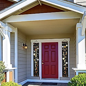 2 Pieces Happy 13th Birthday Door Banner Backdrop Decoration Cheers to 13th Birthday Black & Gold Hanging Porch Sign Happy Birthday Home Door Banner 13th Birthday Party Supplies, 71 x 12 Inch