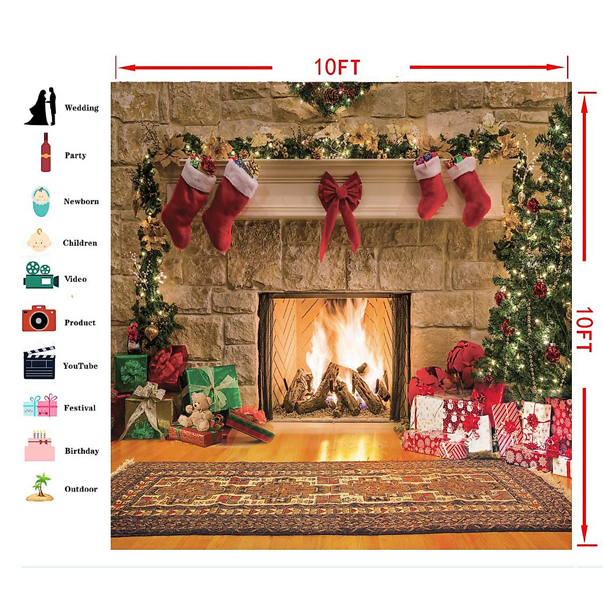 CYLYH 10x10 ft Christmas Photography Backdrops Christmas Fireplace Backdrop Child Christmas Party Decoration Background 087