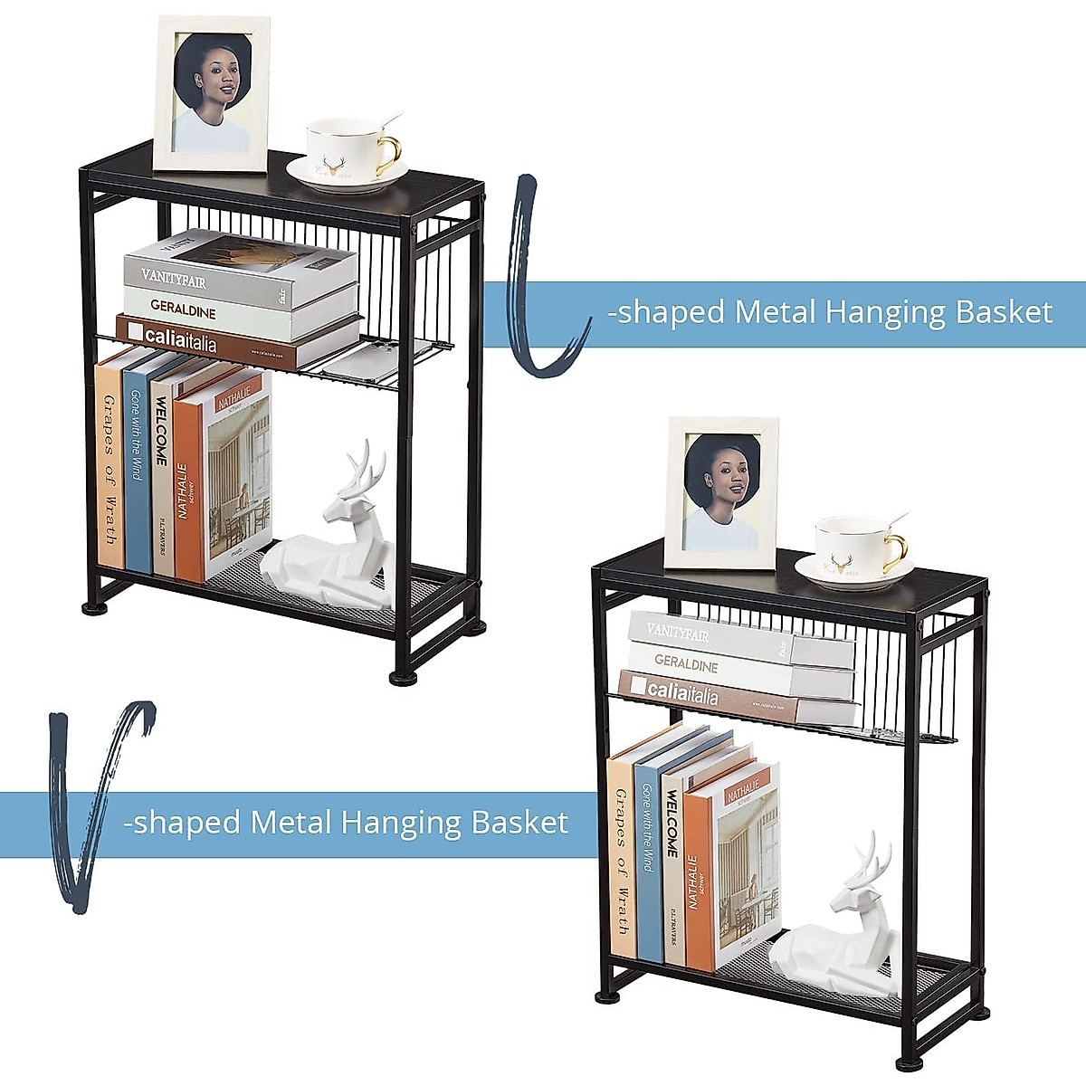 Slim End Table with Magazine Holder - 2 in 1 Design for Small Spaces - Black