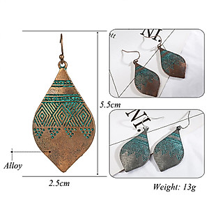 TIANBANGSHI Handmade Vintage leaf Earrings Bohemian Hammered & Engraved Earrings Unique Antique Silver Gold Tribal Ethnic teardrop Shaped Drop Dangle Earrings for Women Jewelry (gold)
