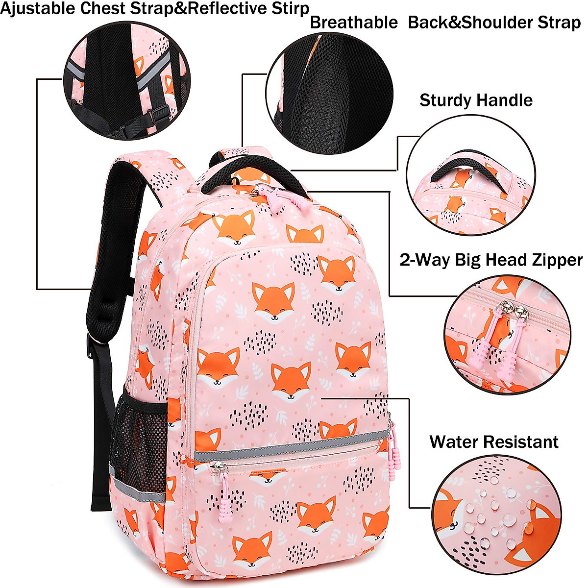 Soekidy Backpacks for Girls Fox School Bags Kids School Bags Backpack with Lunch Box and Pencil Case for Age 3+