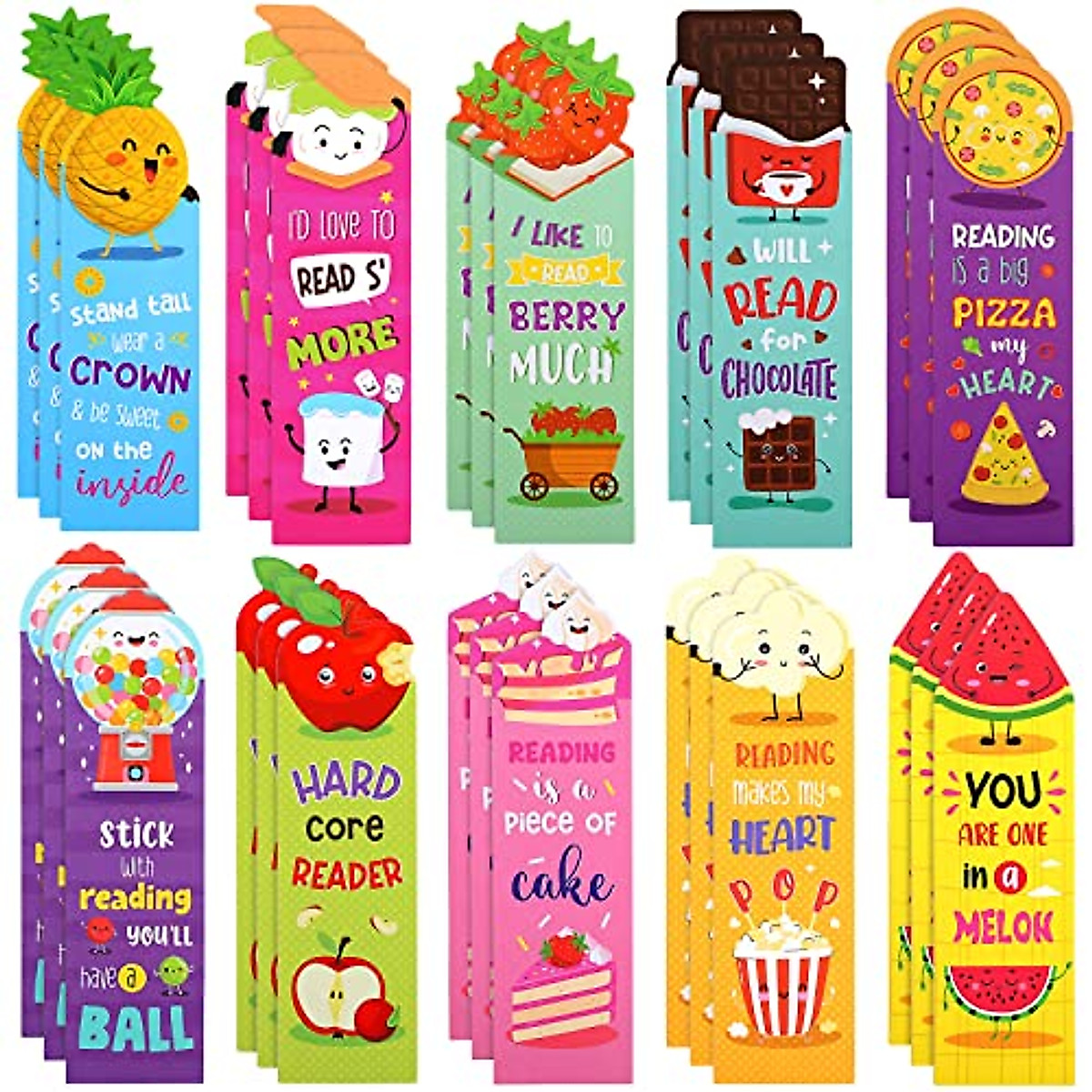 Scented Bookmarks Kids Scratch and Sniff Bookmarks Fruit Food Theme Bookmarks Sayings Bookmarks Assorted Scented Bookmarks Cute Bookmarks for Kids, Students, Teens, Food Lovers, 10 Styles (30 Pieces)