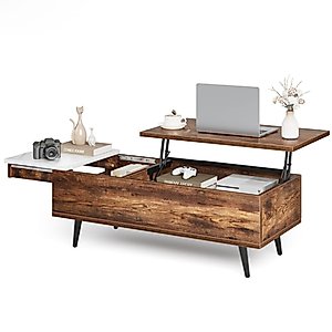 Rustic Oak Lift Top Coffee Table with Hidden Compartment - Mid-Century Modern Design, Adjustable Height Table
