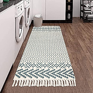 Pauwer Cotton Area Rug Set 2 Piece Washable Printed Cotton Rugs with Tassel Hand Woven Fringe Cotton Rug Runner for Kitchen, Living Room, Bedroom, Laundry Room, Entryway