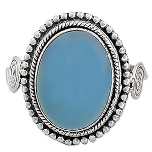 NOVICA Artisan Handmade Chalcedony Cocktail Ring Blue .925 Sterling Silver from India 'Sky Reverie'