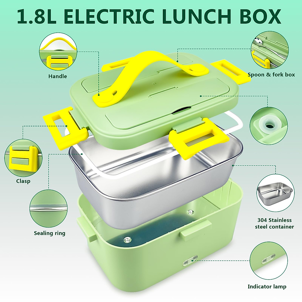 Electric Lunch Box,Fast 75W Food Heater,12V/24V/110V Portable Self Heating for Car Truck Home,1.8L Large-Capacity,304 Stainless Steel Container,0.45L Compartment,Fork Spoon,Carry Bag (green)