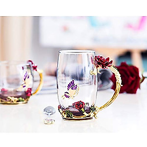 Flower Tea Cups, Unique Coffee Mugs, Butterfly Glass Mug with Spoon Set, Handmade Rose Butterflies Gifts - Best Valentine's Day Mother's Day Gift (13oz, Red)