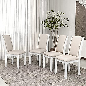 LUMISOL Upholstered Dining Chairs Set of 4, High Back Padded Dining Chairs with Solid Wood Legs, Modern Linen Fabric Kitchen Chairs (White + Beige)