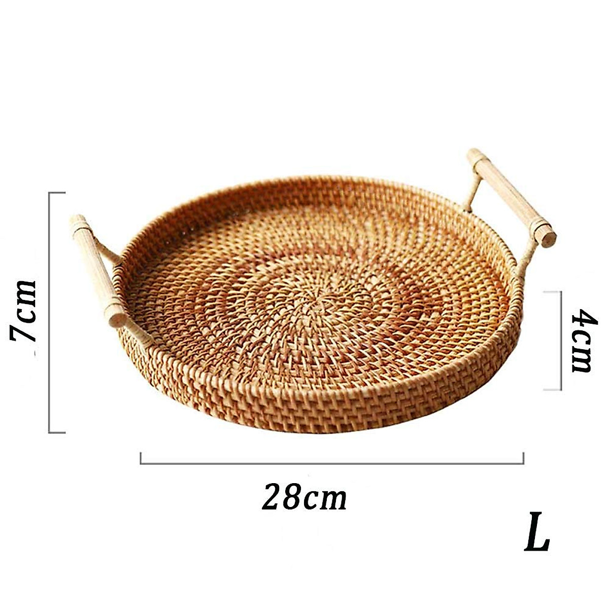 WOSHI 11.02in Rattan Storage Tray Round Basket Wicker Basket Storage Tray with Handle 3 Size Fruit Food Round Basket Display Hand-Woven Rattan Tray (L)