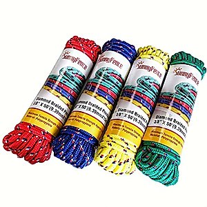 SunnyFence 3/8”, 200ft / 61m, (4 Packs X 3/8” X 50ft) Diamond Braided Polypropylene Premium Rope/Ropes Heavy Duty Rope with Red/Yellow/Blue/Green