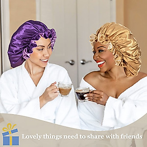 COOLCHI 2 Pieces Satin Bonnet Cap Elastic Double-Layer Silk Sleeping Head Cover for Women Adjustable Lined Hair Wrap for Long Curly Hair (Khaki+Purple)