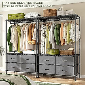 Raybee Clothes Rack, Clothes Racks for Hanging Clothes, Clothing Racks for Hanging Clothes, Clothing Rack Heavy Duty Clothes Rack with Drawers Load 450LBS Wardrobe Closet Rack Garment Rack Black