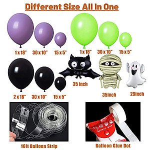 Beaumode Halloween Balloon arch with Mummy Bat Ghost Foil Balloons Black Purple Green Balloon 142pcs for Kids Spooky Ghost Party Birthday Baby Shower Decorations(Black Green Purple)